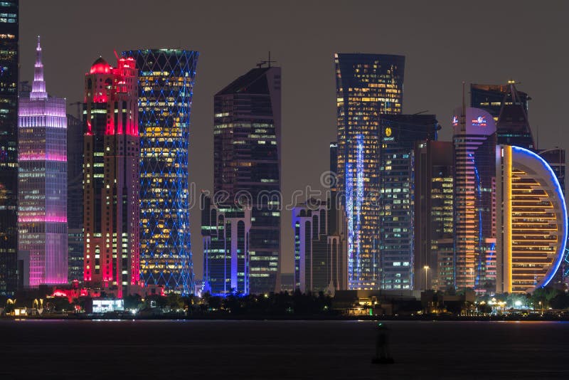 Night View of West Bay Doha, Qatar. Editorial Photography - Image of ...