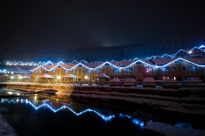 Night View of a Winter Resort Stock Image - Image of view, outside ...