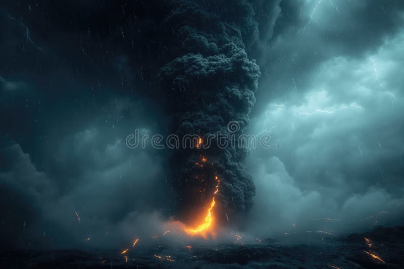Night Volcanic Eruption with a Column of Smoke, Lava Flows and Ash ...