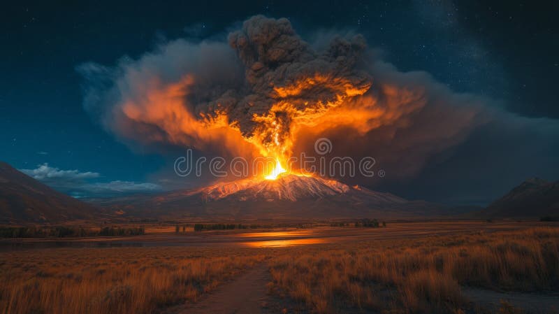 Night Volcano Eruption with Fiery Lava and Starry Sky Stock ...