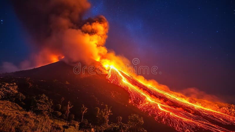 Night Volcano Eruption Lava Flow Starry Sky Stock Photo - Image of ...