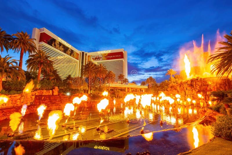 Night Volcano Fire Show of the Mirage Editorial Photo - Image of fire ...