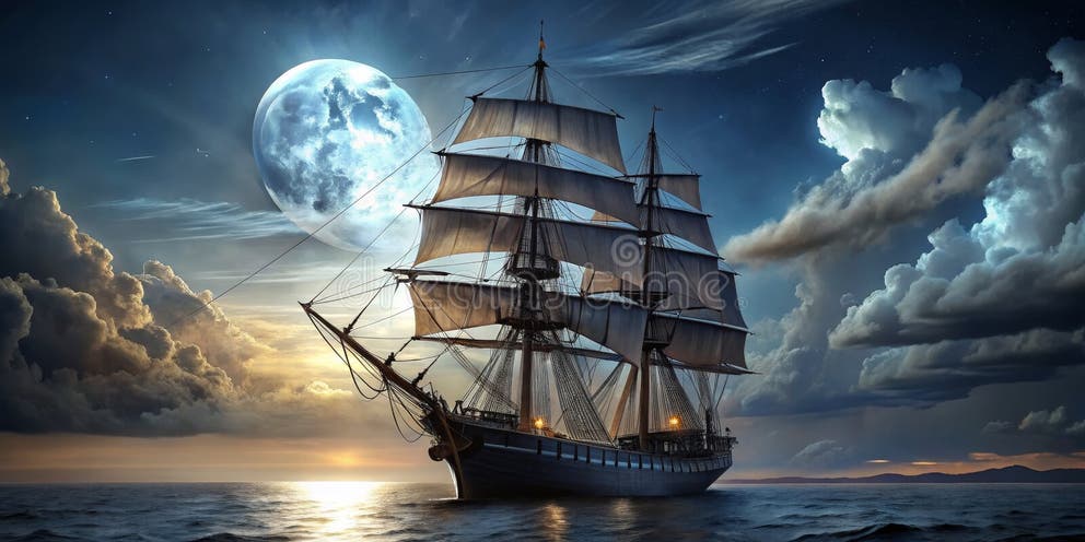 Night Voyage Full Moon, Sailing Ship, Dramatic Cloudscape Stock ...