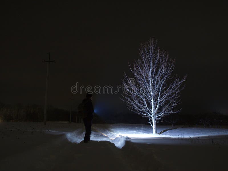 Night Walk Outside the City with a Flashlight. Stock Photo - Image of ...