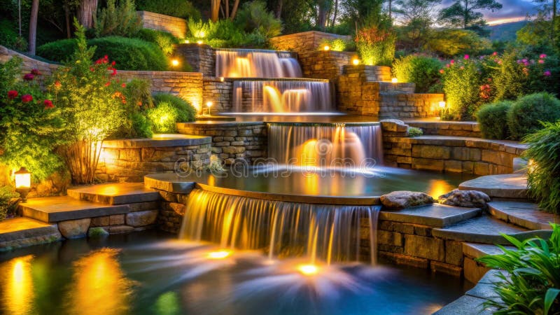 Night Waterfall Garden Stone Steps Stock Illustrations – 11 Night ...