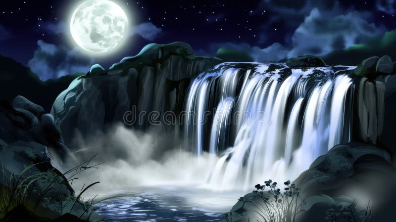 Night Waterfall Illustration Stock Illustration - Illustration of ...
