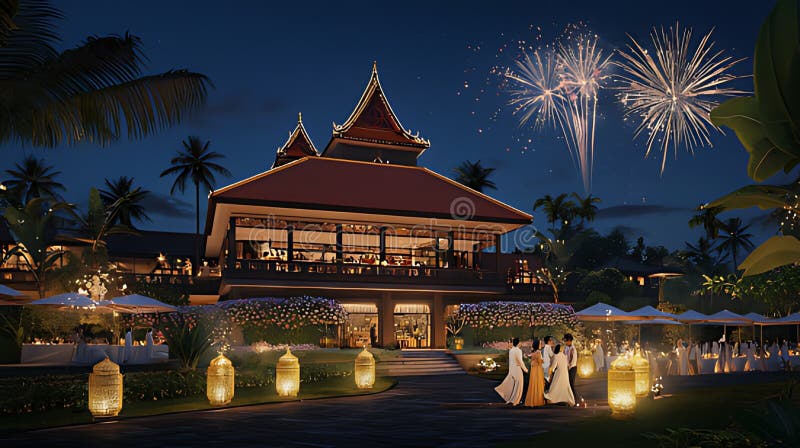 Night Wedding Reception at a Tropical Resort with Fireworks Stock Photo ...