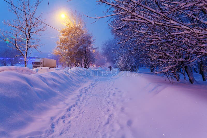 Night Winter City Scene stock image. Image of illuminated - 61439239