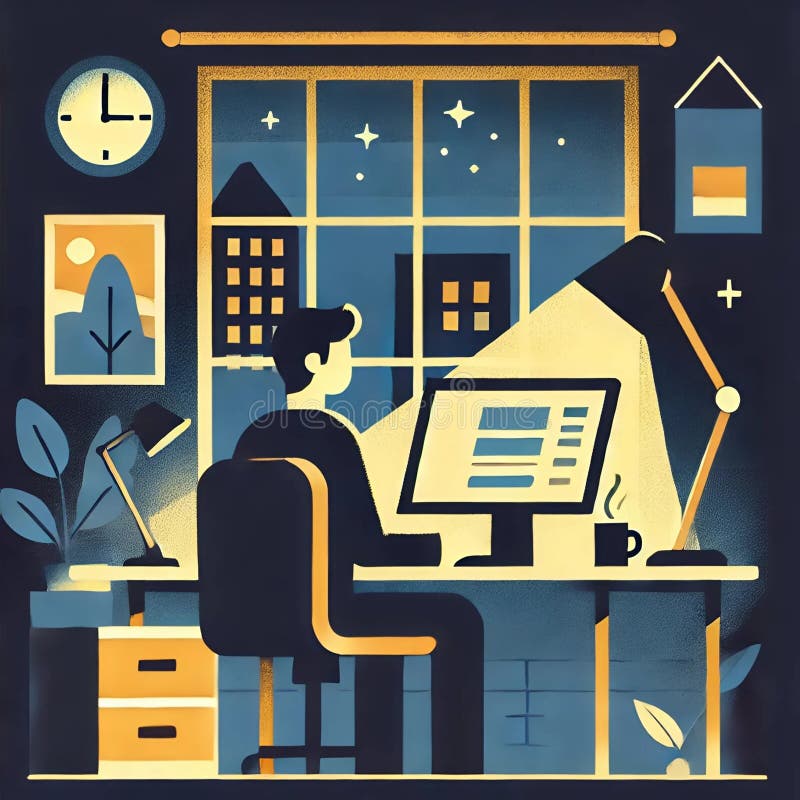 Night Work at Home Desk stock illustration. Illustration of evening ...
