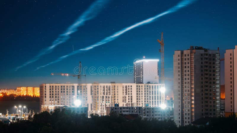 Night Works with Construction Site Area. Development Multistorey ...