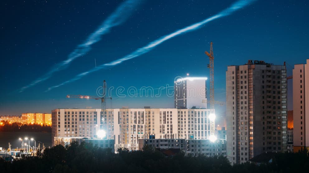 Night Works with Construction Site Area. Development Multistorey ...