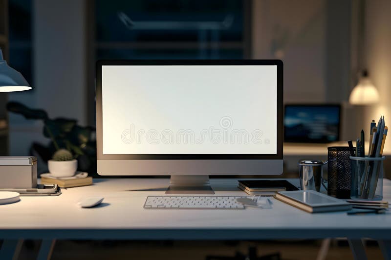 Night Workspace: Illuminated Desktop Computer Setup Stock Illustration ...