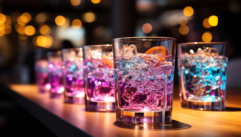 Nightclub Bar Counter Illuminated with Multi Colored Cocktails and ...