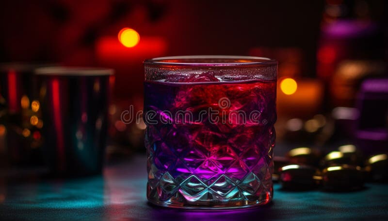 Nightclub Bar Counter Illuminated with Multi Colored Cocktails and ...