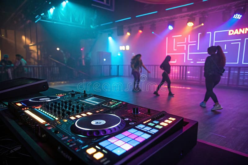 Nightclub DJ Console, Dancers, Neon Lights, Party Stock Image - Image ...