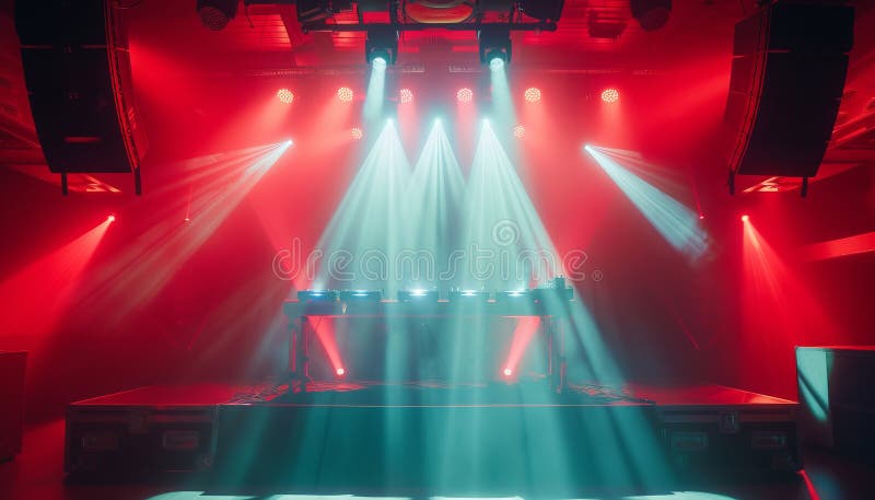 Nightclub Stage Illuminated with Modern Lighting Equipment, DJ Mixing ...