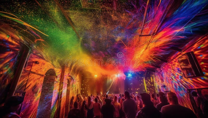 Nightclub Stage Illuminated with Vibrant Colors, Crowd Dancing in ...