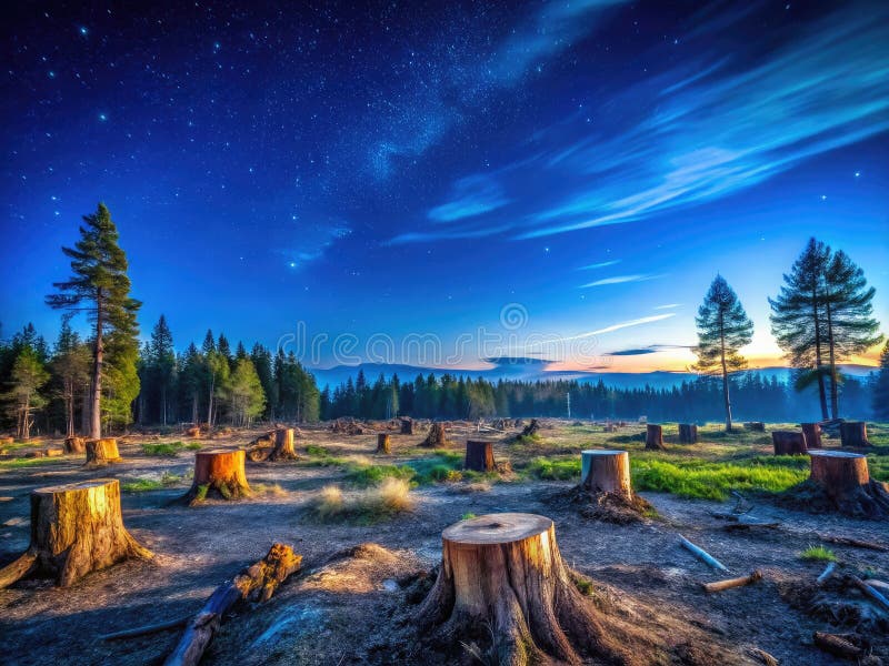 A Nightfall on a Deforested Field: Remnants of a Forest Under a Starry ...