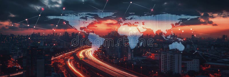 Nightfall Highway with World Map Network Concept Stock Illustration ...