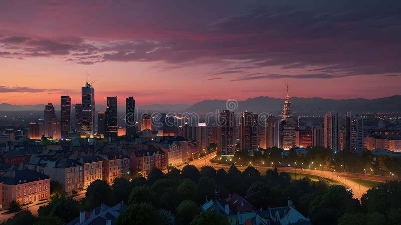 Nightfall Over a Beautiful City with Pastel-colored Twilight Skies ...