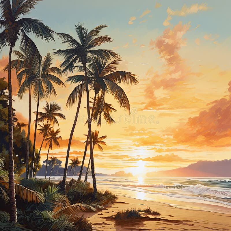 Nightfall on a Tropical Beach with Palm Trees and a Setting Sun Over ...