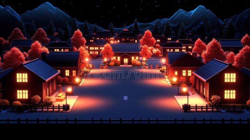 Nightfall Village Scene stock photo. Image of angle - 385342202