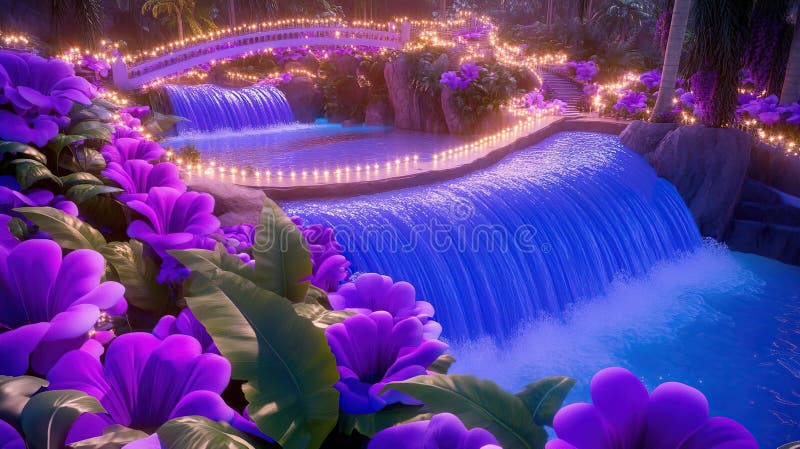 Nightfall Waterfall Paradise, Lit Path, Floral Fantasy, Game Asset ...
