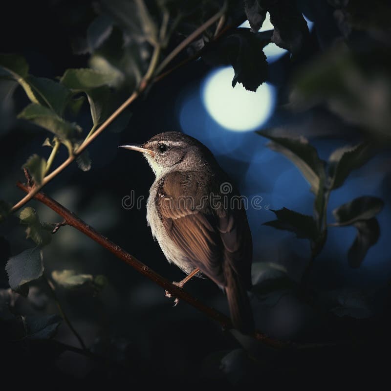 Nightingale Bird Sitting on Branch of Tree at Night Stock Illustration ...