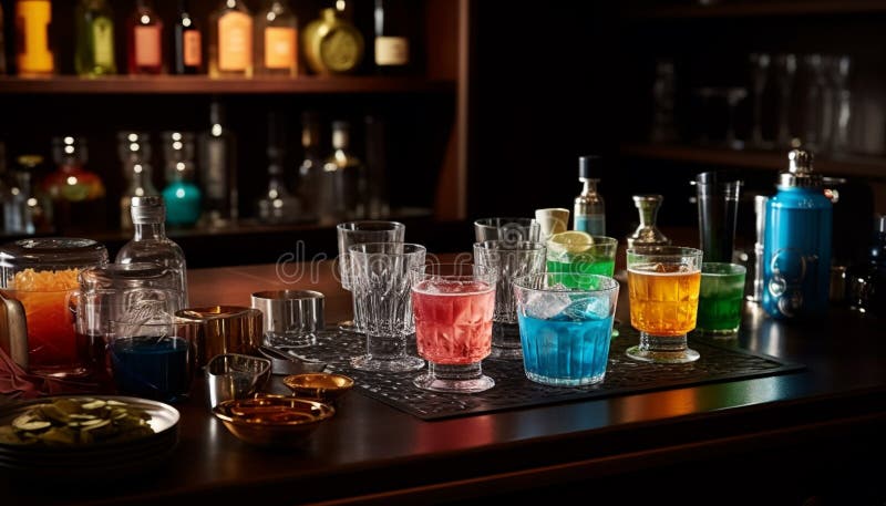 Nightlife Celebration at the Bar Counter with Multi Colored Cocktails ...