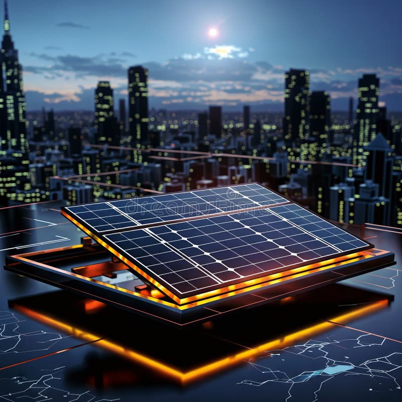 Solar Energy Panel with Cityscape at Night 3d Illustration., Generative ...