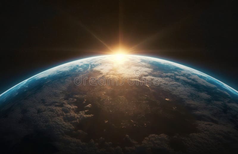 Nightly Earth Planet in Outer Space with Sun Flare Stock Illustration ...