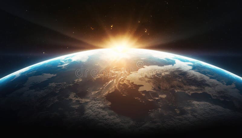 Nightly Earth Planet in Outer Space with Sun Flare Stock Illustration ...