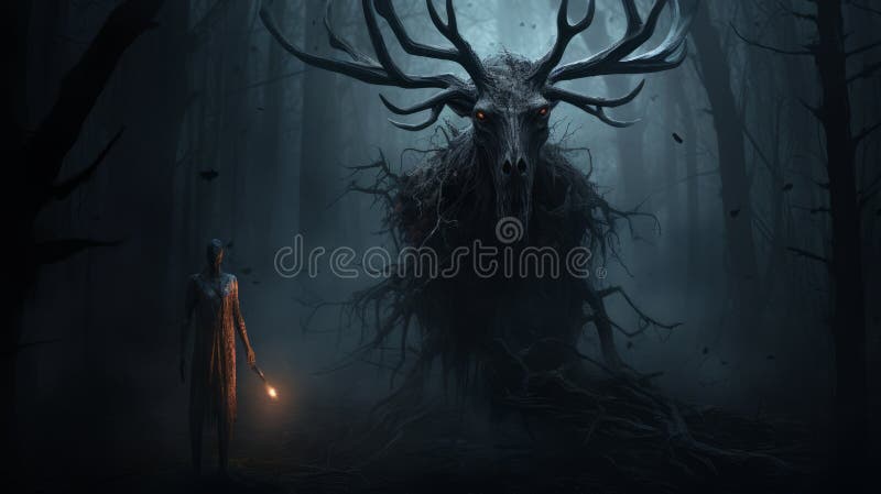 Nightmare Creature: Demon with Antlers and Torch in Eerie Forest Stock ...