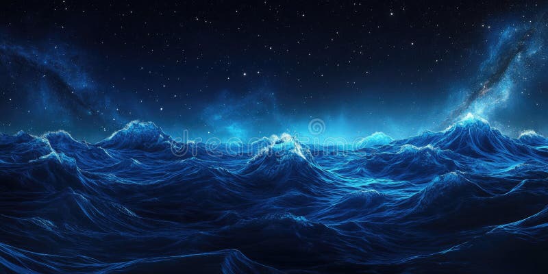 Nightscape with Smooth Undulating Blue Waves Under Starry Sky ...