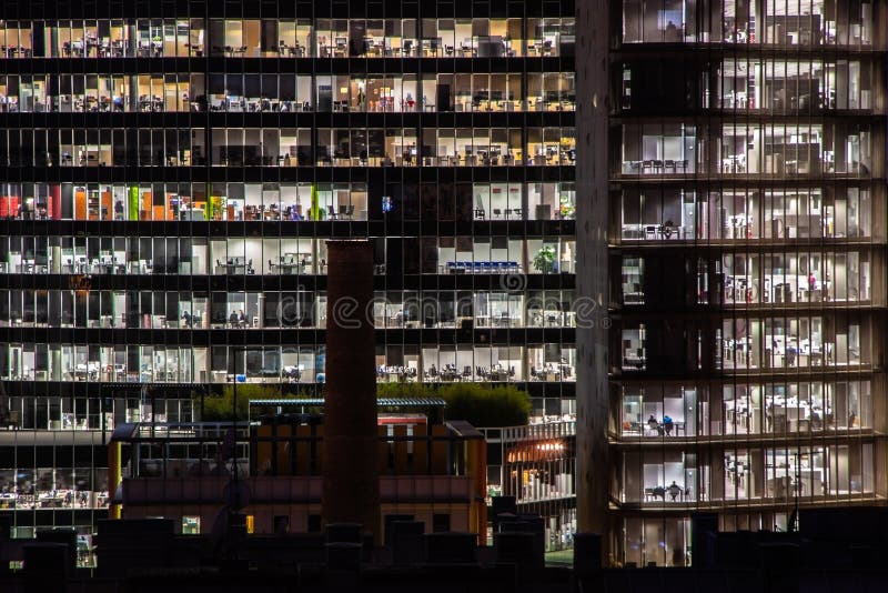 Nightshot of Two Office Buildings in Barcelona, Spain Stock Image ...