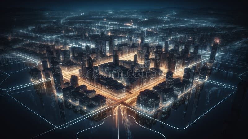 Nighttime Aerial Panorama of a City Replete with Icons Representing ...