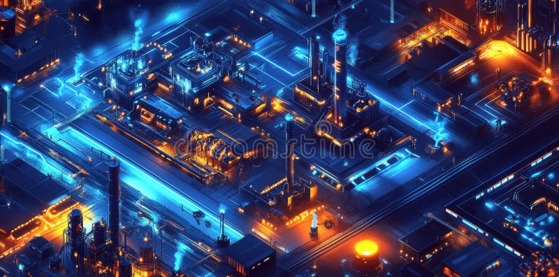 Nighttime Aerial View Of A Futuristic Industrial Complex That Has