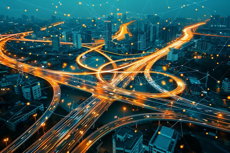 Nighttime Aerial View of a Smart City S Complex Highway Interchange ...