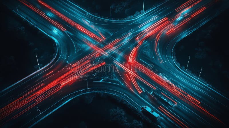 Nighttime Aerial View Vibrant City Intersection Illuminated Bright Neon ...