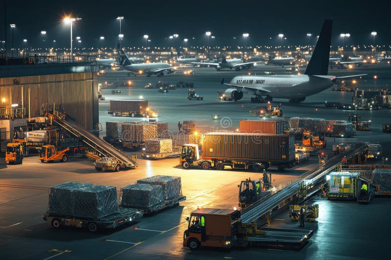 Nighttime Airport Scene with Cargo Operations and Aircraft in the ...
