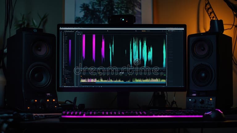 Nighttime Audio Editing, Home Studio, Waveform Display, Desk Setup Stock Photo - Image of ...