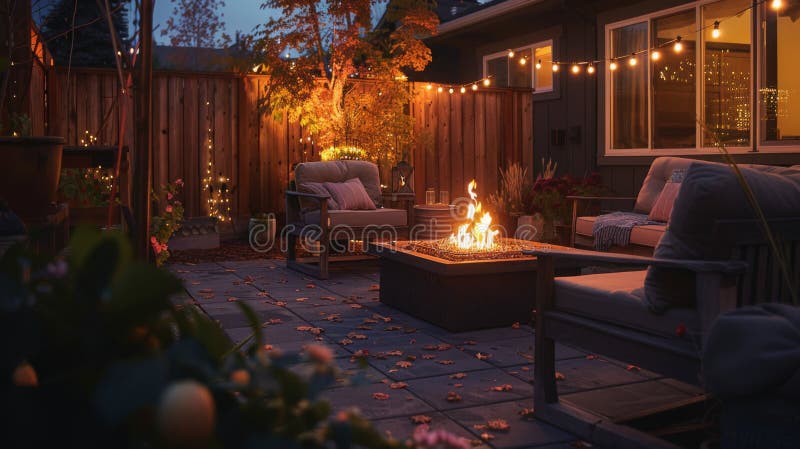 Nighttime Backyard with Fire Pit and String Lights Stock Image - Image ...