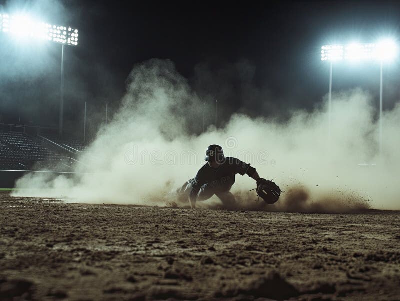 Nighttime Baseball Game with Sliding Player Creating Dust at the Field ...