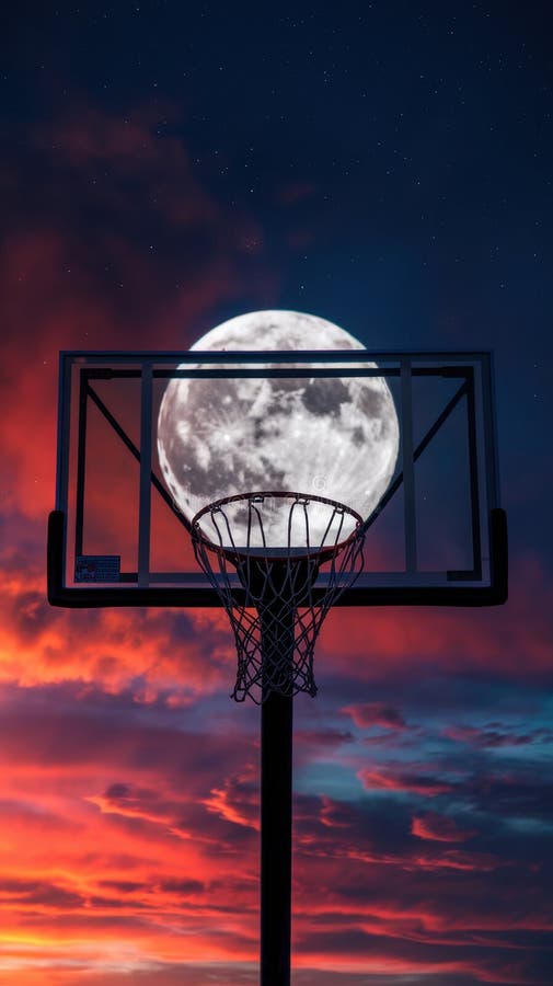 Nighttime Basketball Hoop with Full Moon and Starry Sky Stock ...