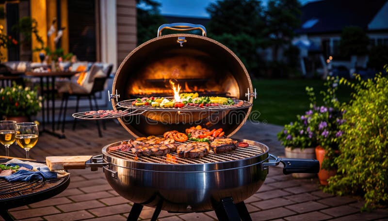 Nighttime Bbq in a Backyard with a Burning Barbecue Grill Stock ...