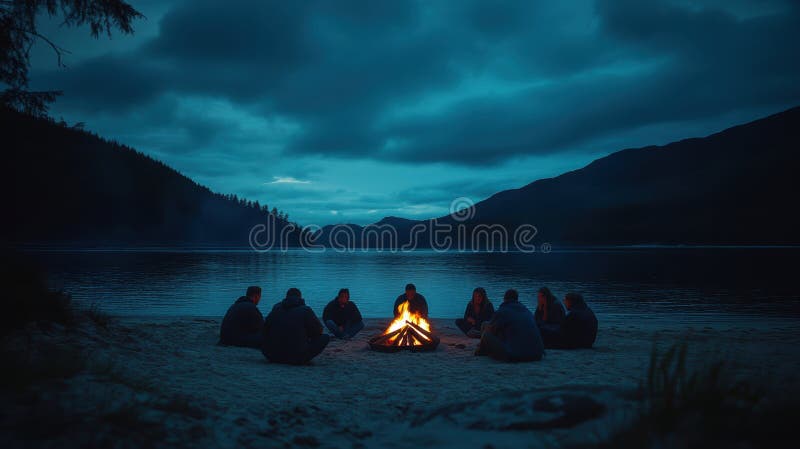 Nighttime Beach Scene with People Gathered Around a Warm Campfire ...
