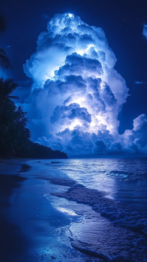 Nighttime Beach Scene with Storm Clouds and Light Reflecting on Water ...