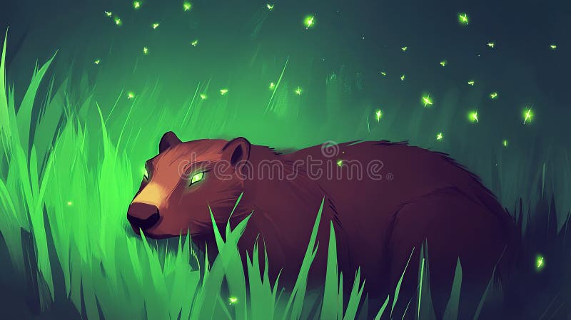 Nighttime Bear Resting in Glowing Grass, Fireflies Stock Photo - Image ...
