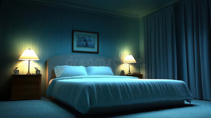 Nighttime Bedroom Scene stock image. Image of curtains - 386967021