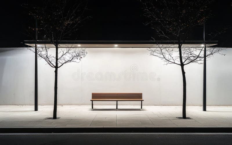 Nighttime Bench Under Illumination between Bare Trees Stock ...